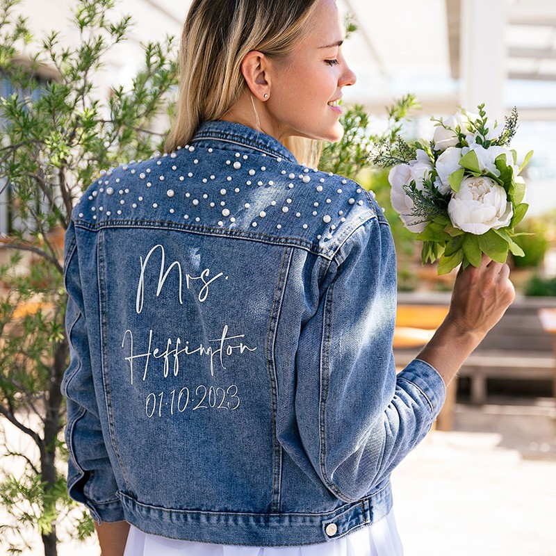 Personalized Wedding Bridal Denim Jacket with pearls Mrs Wedding Date ...